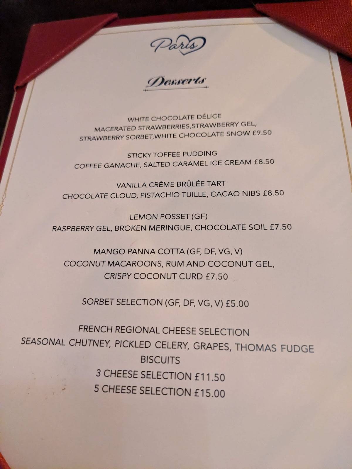 Menu at Paris Bar and Restaurant, Nottingham