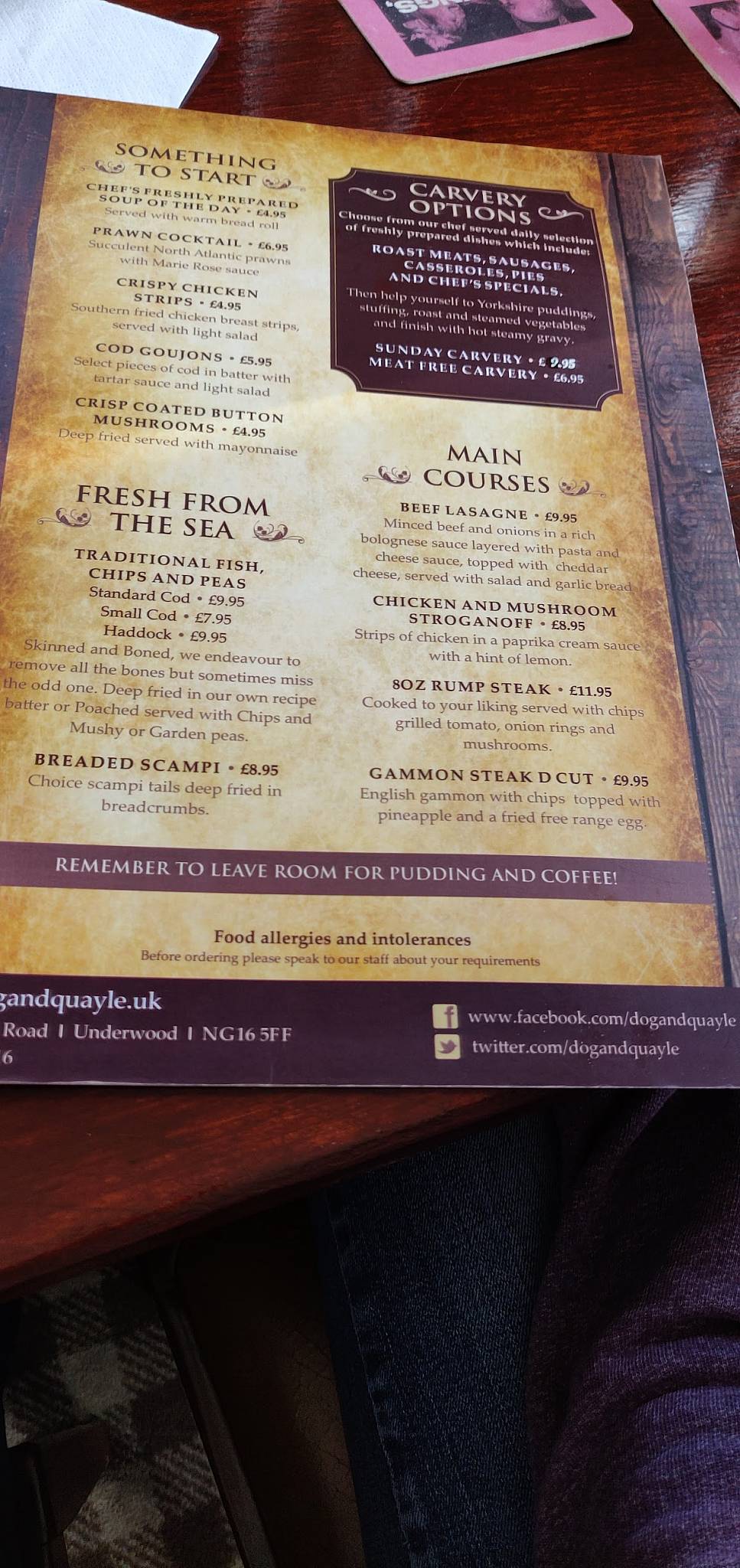 Menu at The Dog and Quayle restaurant, Nottingham