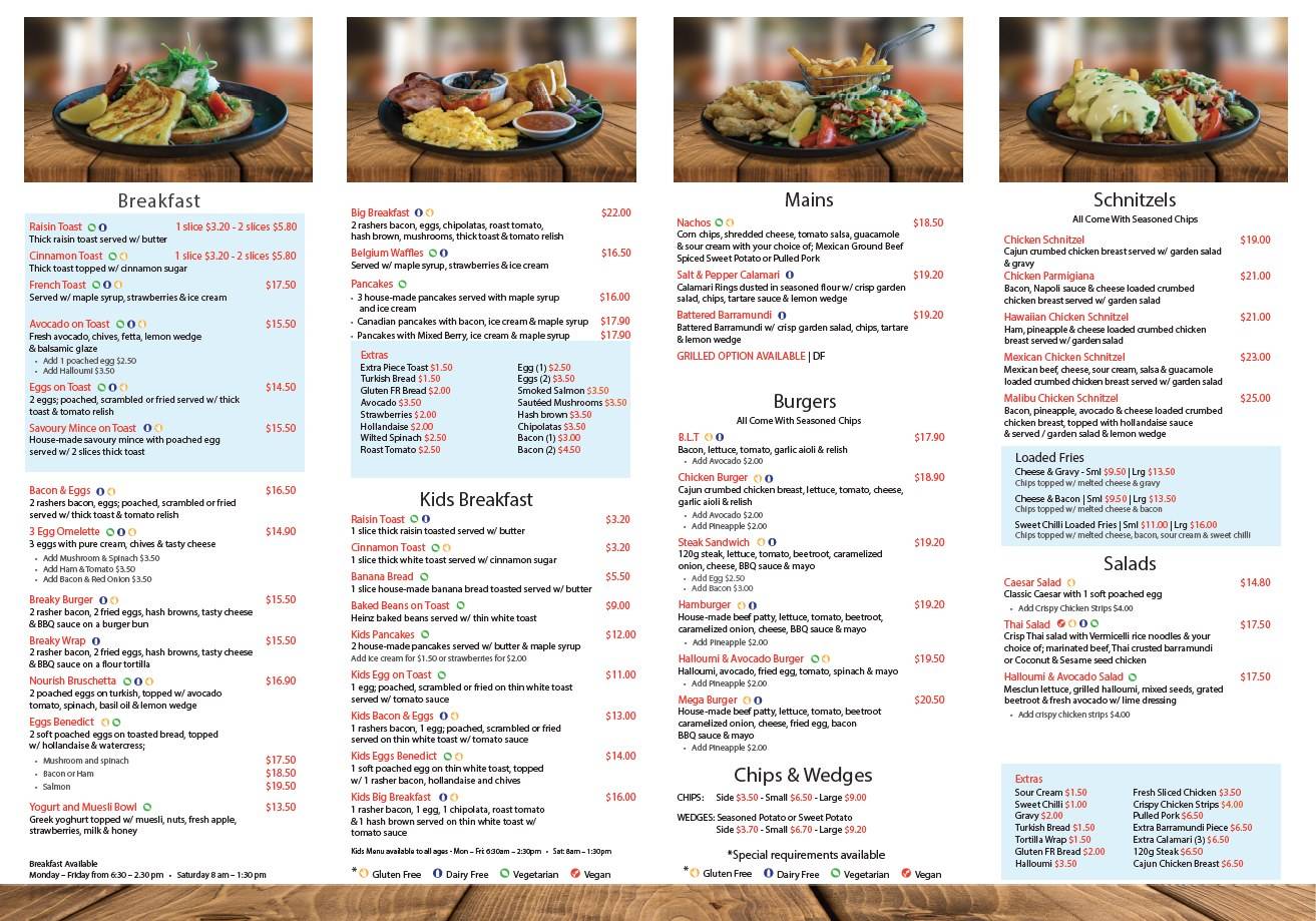 Menu at Nourish restaurant, Toowoomba City