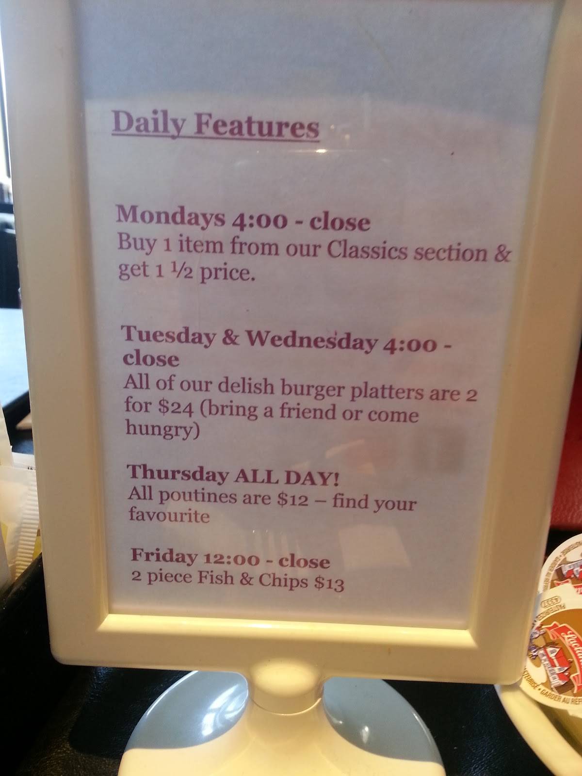 Menu at Oakwood Cafe, Winnipeg