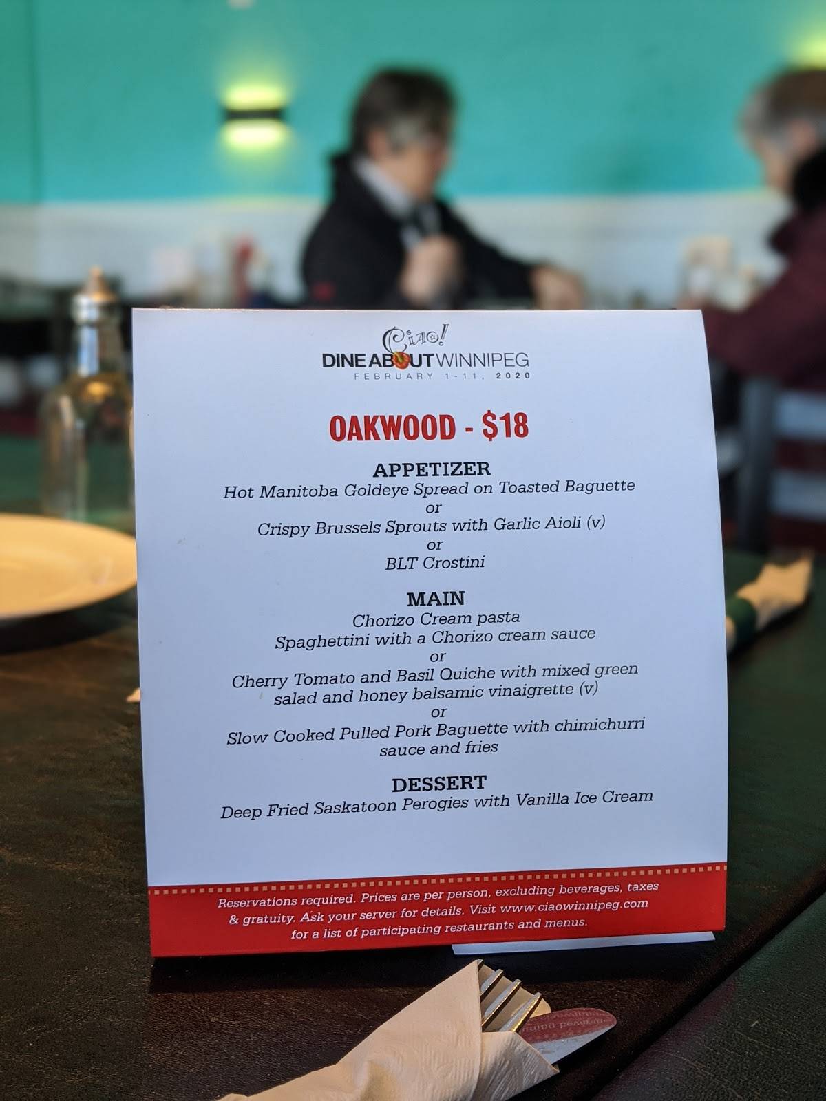 Menu at Oakwood Cafe, Winnipeg