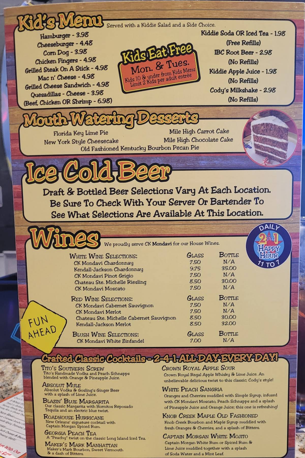 Menu at Cody's Original Roadhouse - Ocala, FL restaurant, Ocala, SW ...