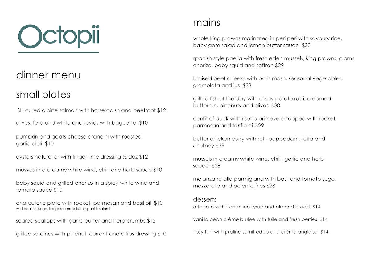 Menu at Octopii Restaurant, Bermagui
