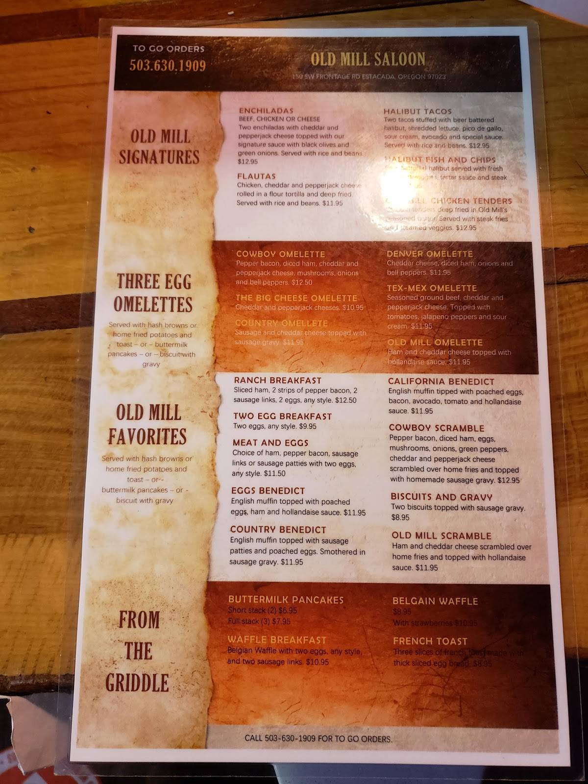 Menu at The Old Mill Saloon pub & bar, Estacada