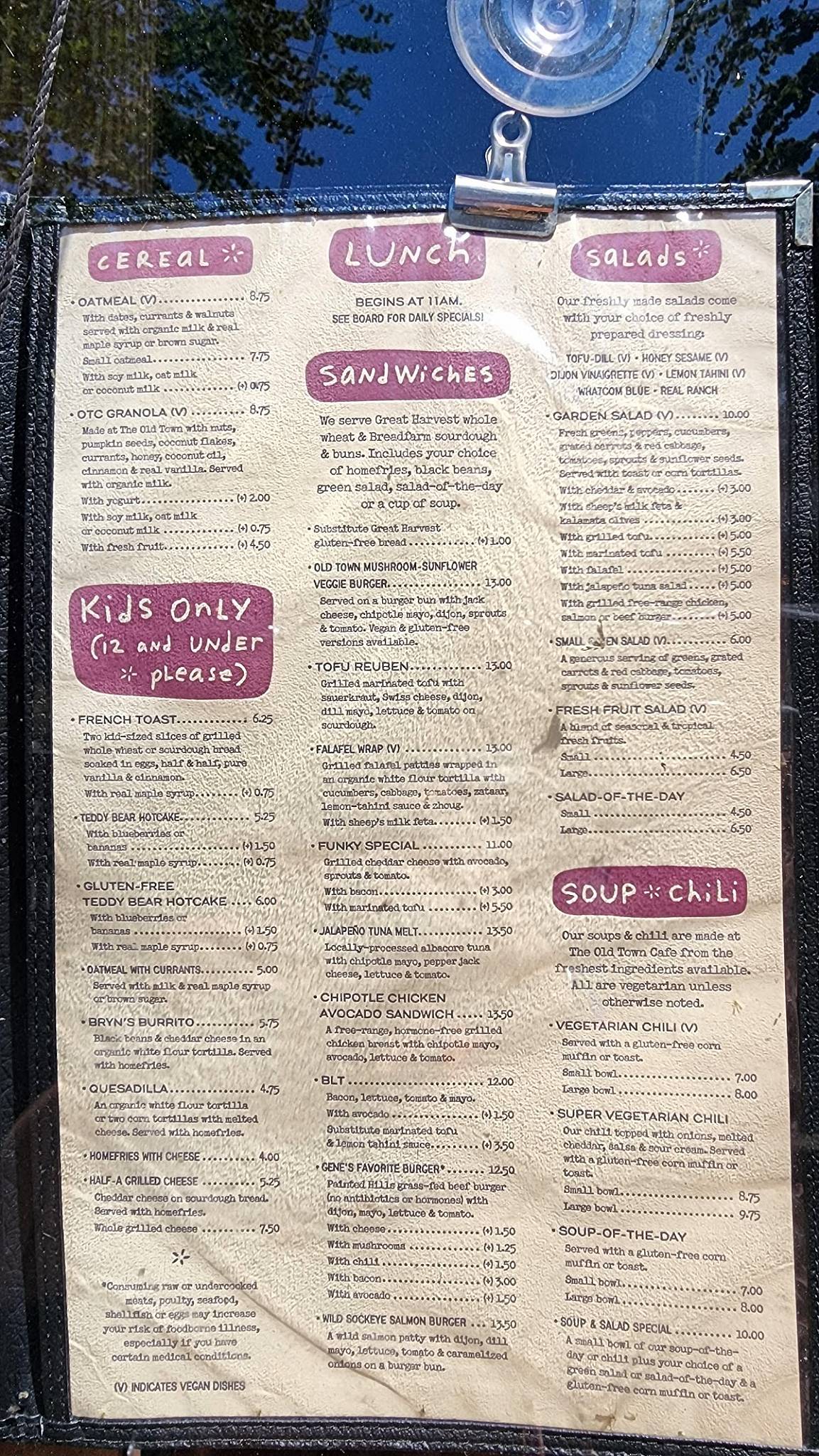 Menu at Old Town Cafe, Bellingham