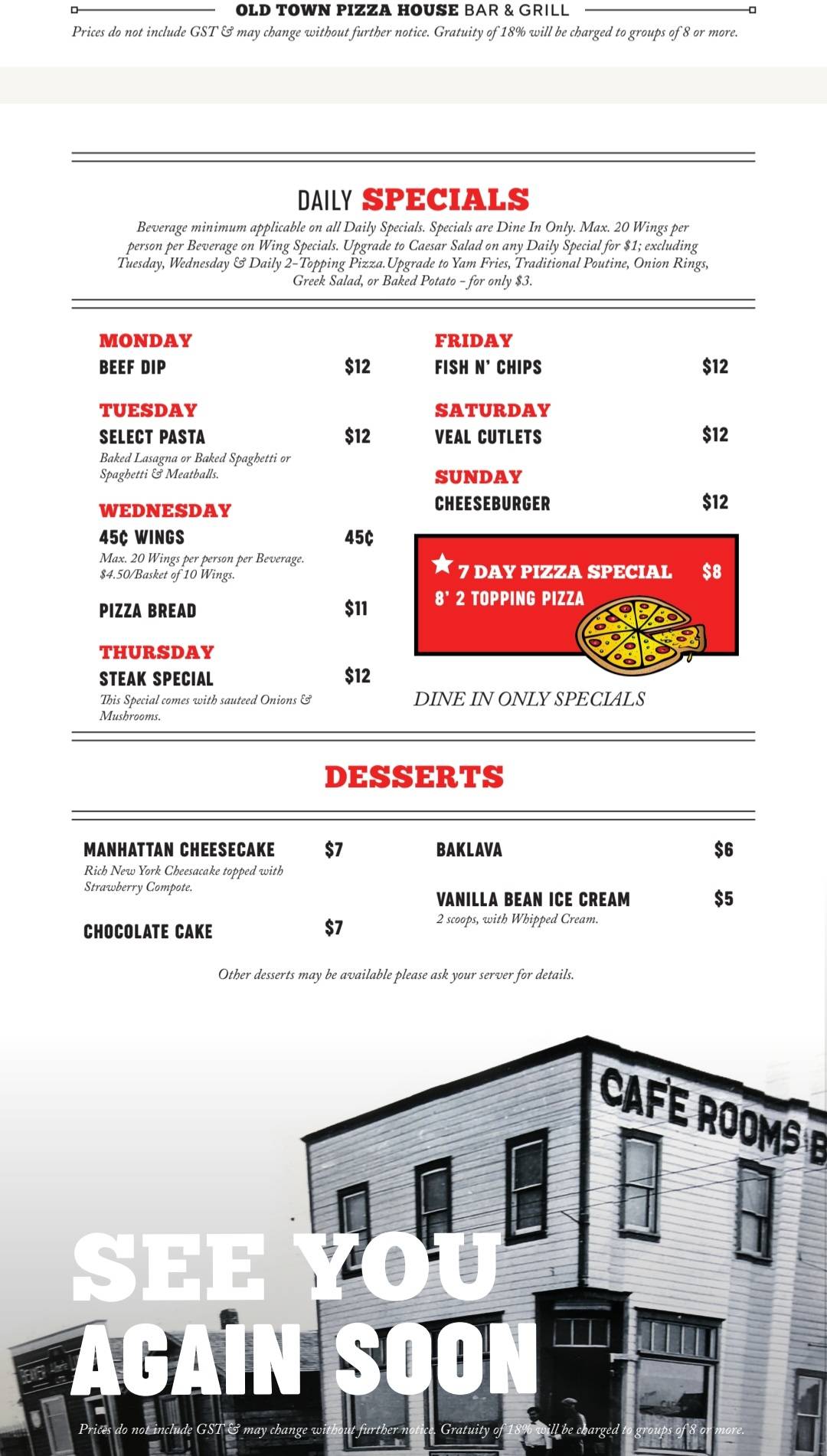Menu at Old Town Pizza House Bar & Grill, Airdrie