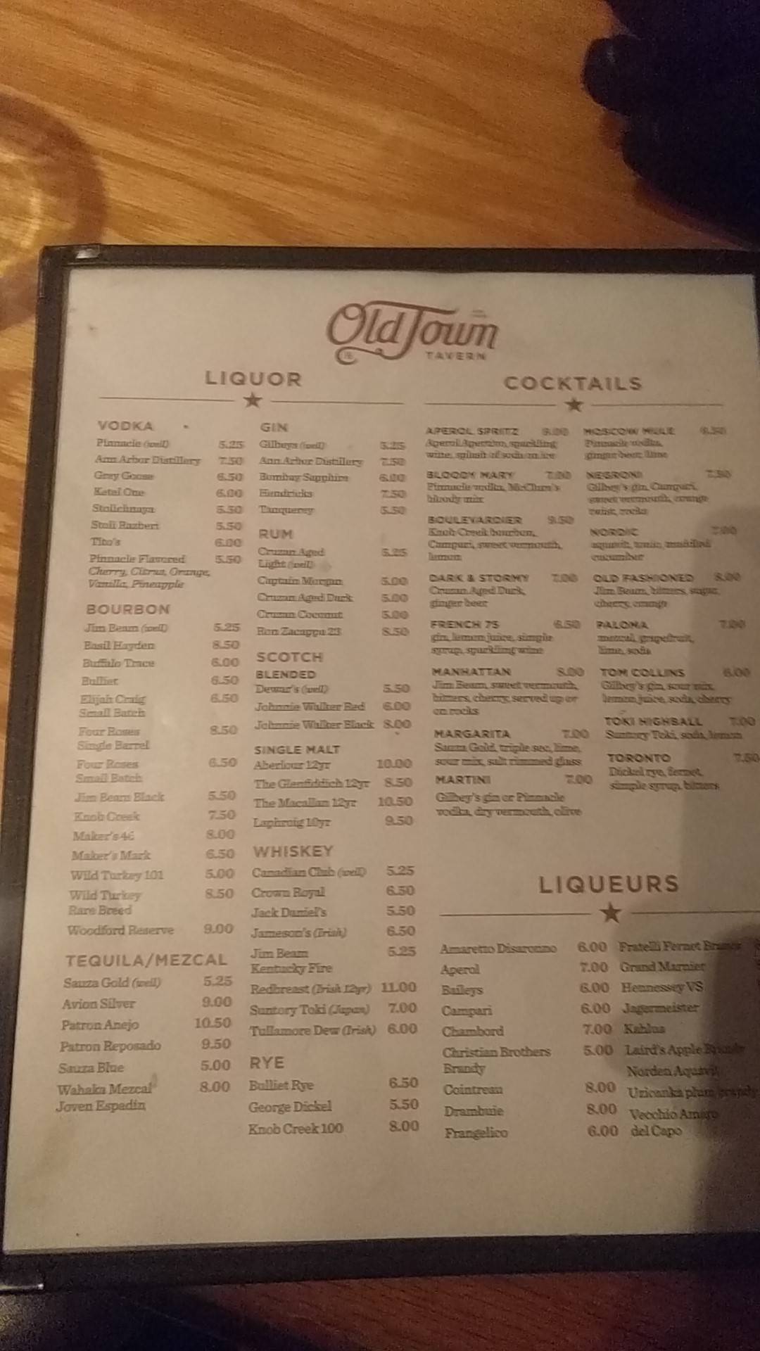 Menu at Old Town Tavern pub & bar, Ann Arbor