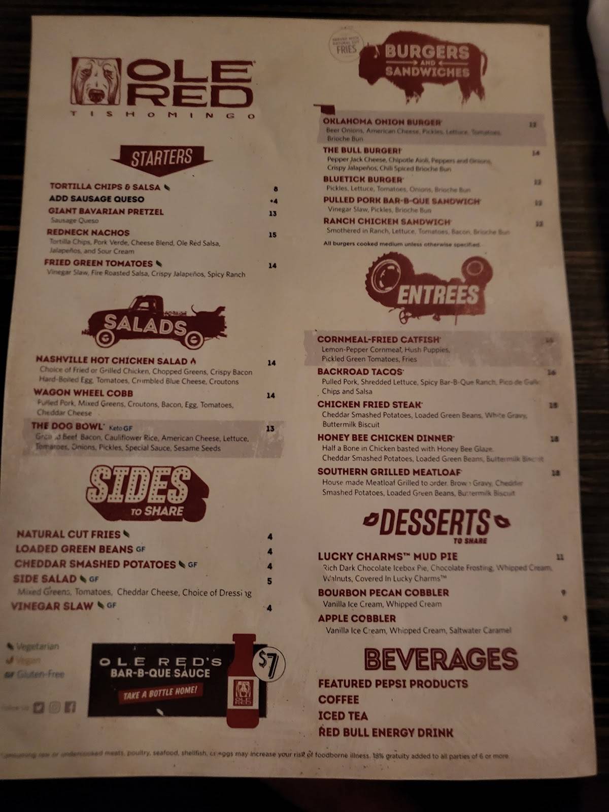 Menu at Ole Red pub & bar, Tishomingo