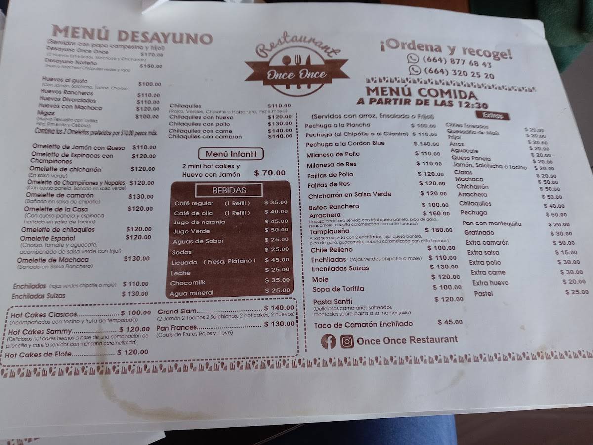 Carta de Once Once Restaurant, Tijuana, C. de la Nieve 257