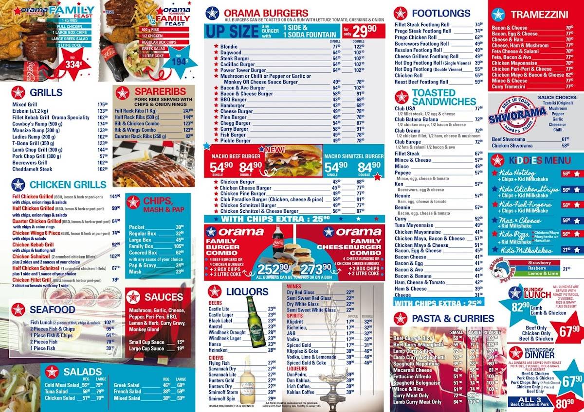 Menu at Orama Roadhouse restaurant, Boksburg