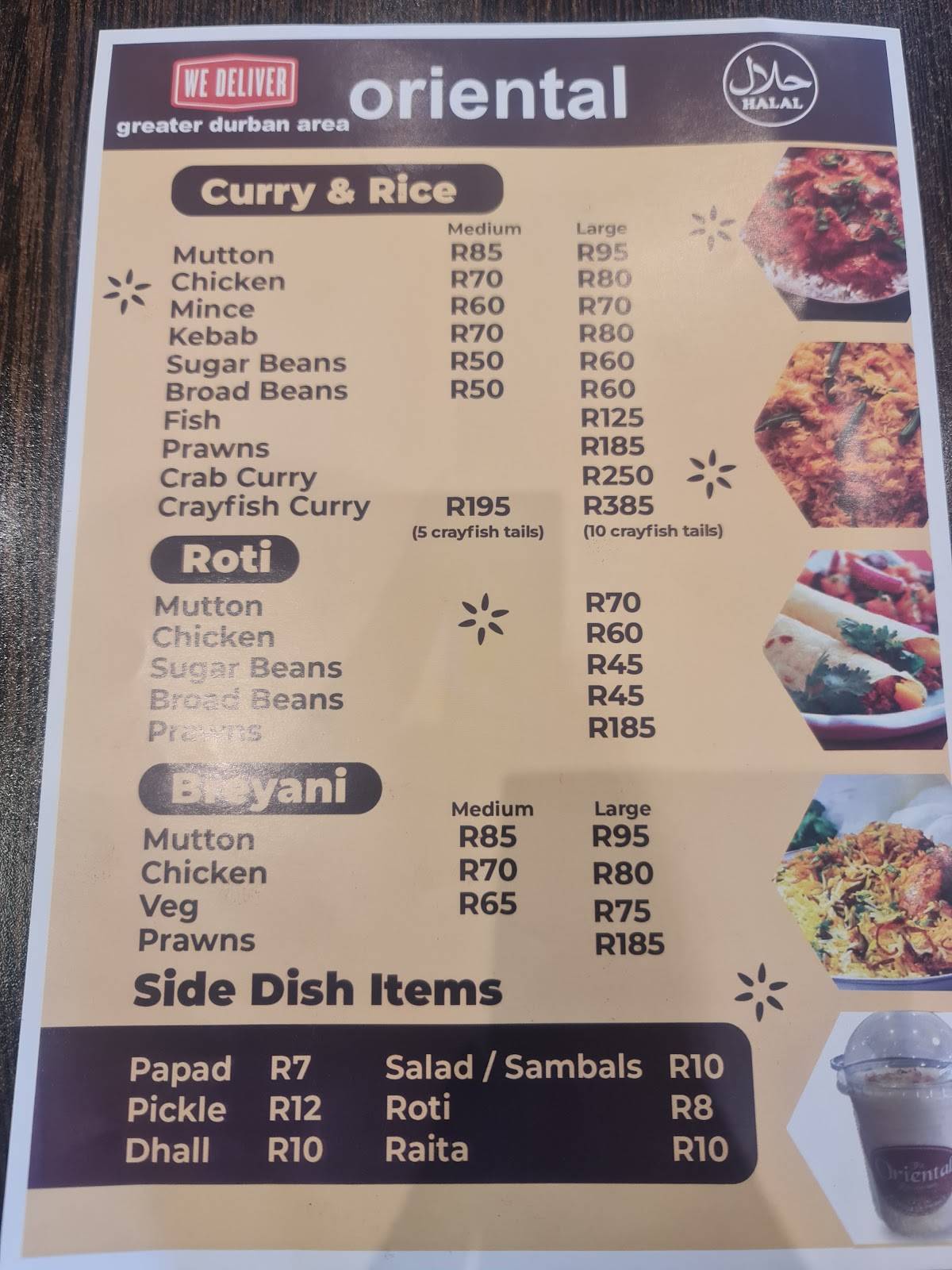 Speisekarte von Orientals restaurant, Durban
