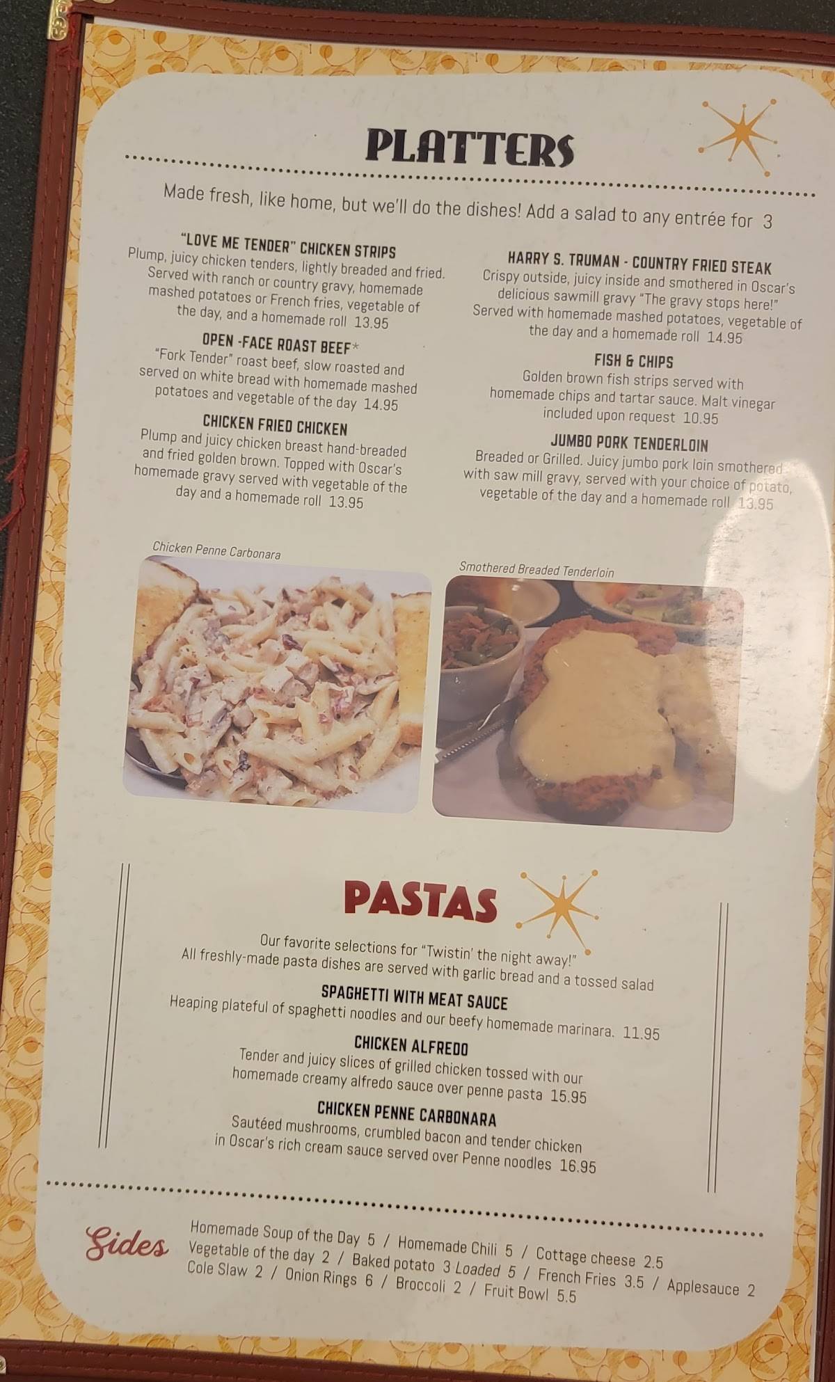 Menu at Oscar's Classic Diner steakhouse, Jefferson City
