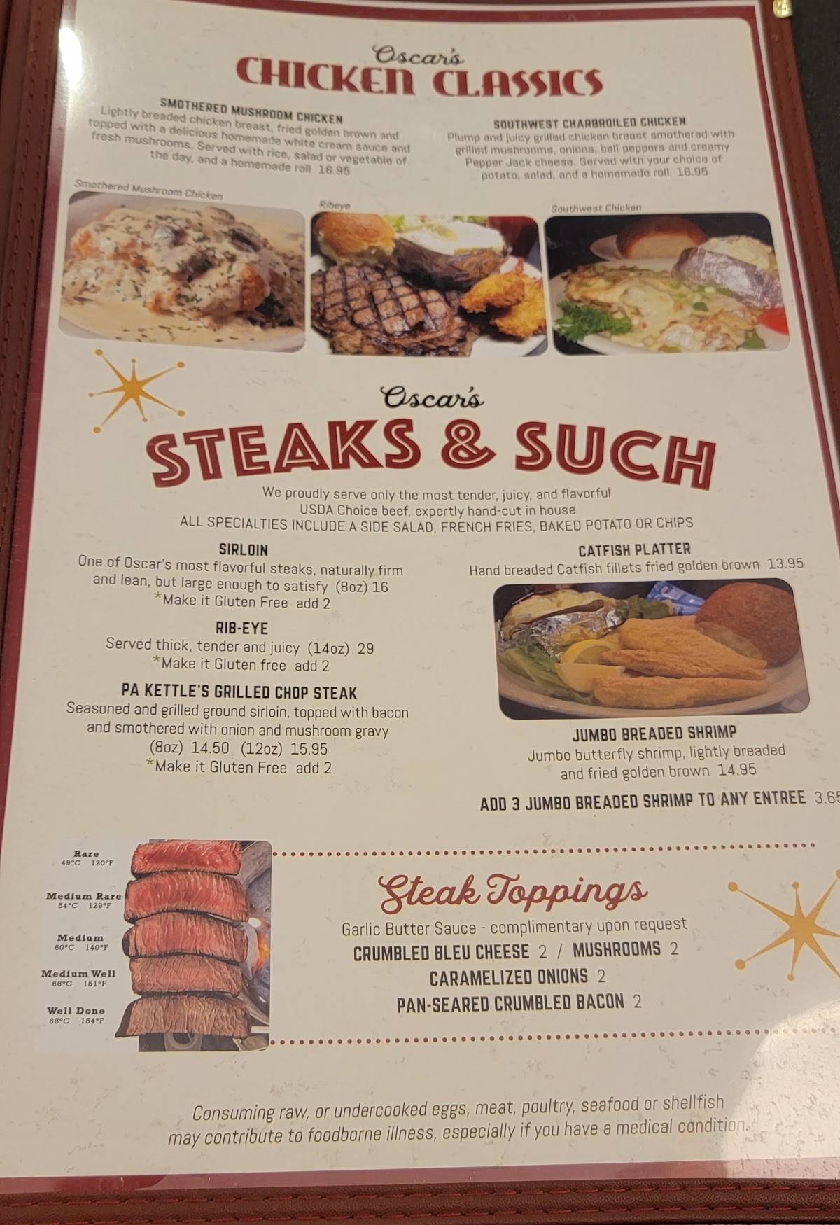 Menu at Oscar's Classic Diner steakhouse, Jefferson City
