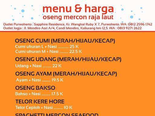 Menu at Oseng Mercon Raja Laut restaurant, Purwokerto