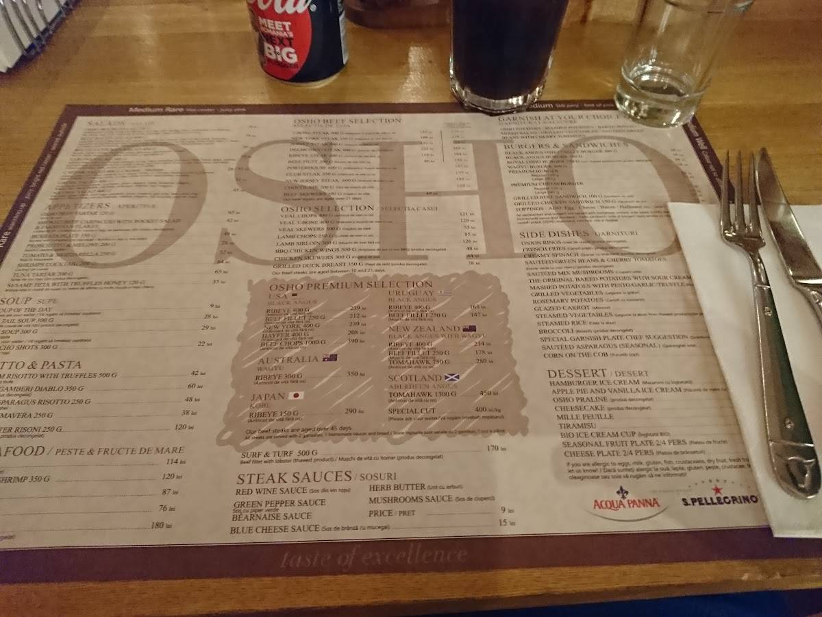 Menu at Osho, Bucharest