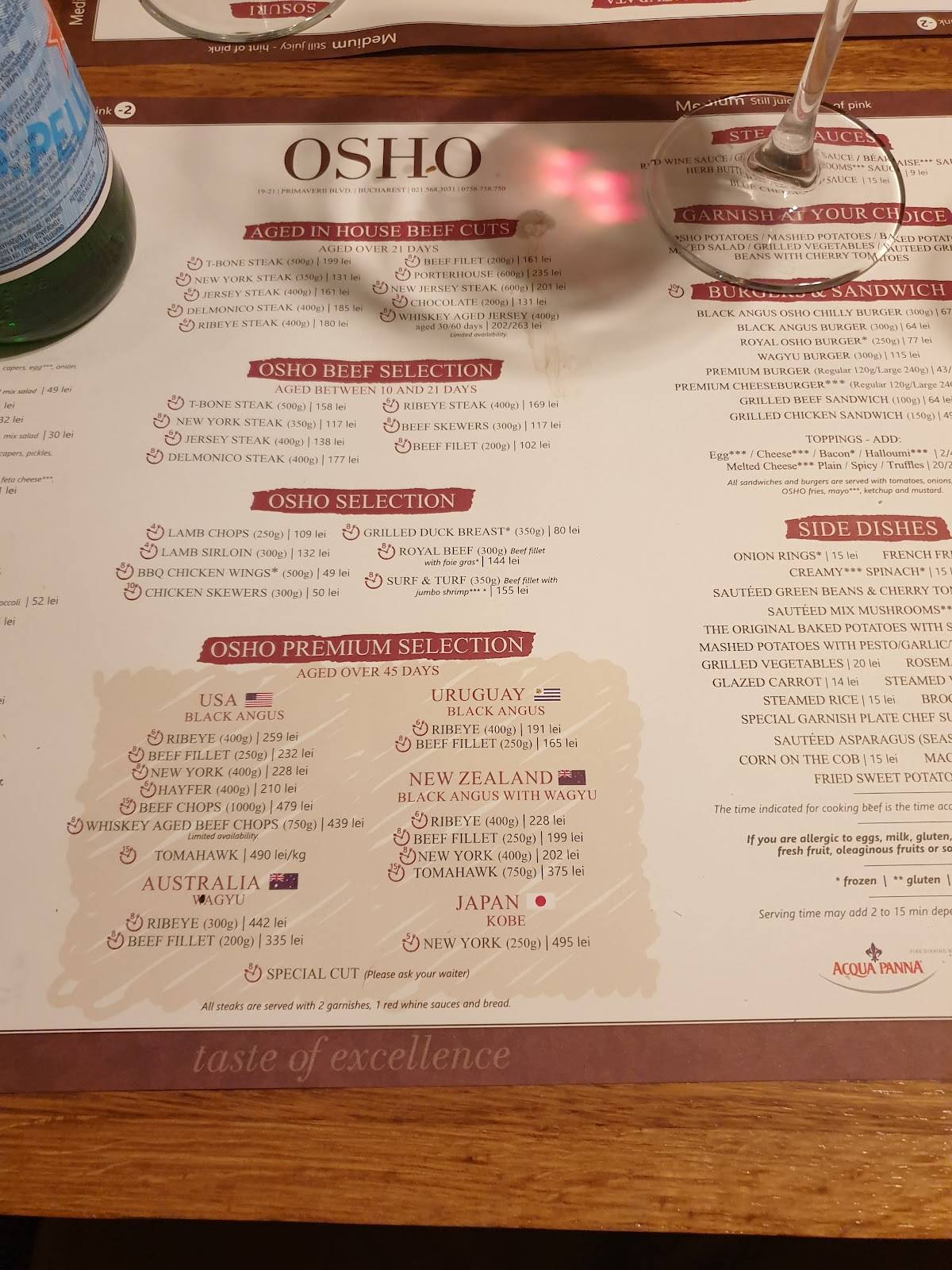 Menu at Osho, Bucharest