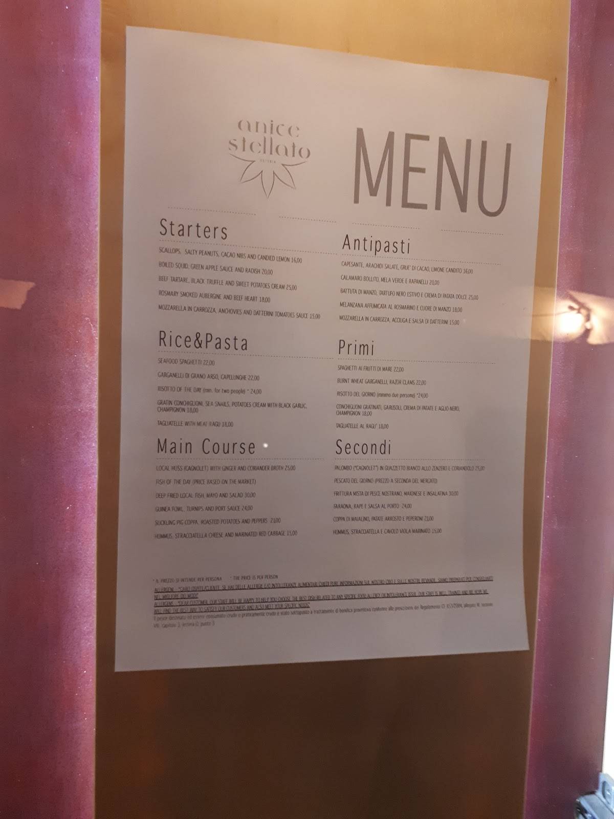 Menu at Osteria Anice Stellato restaurant, Venice, Fondamenta de la Sensa