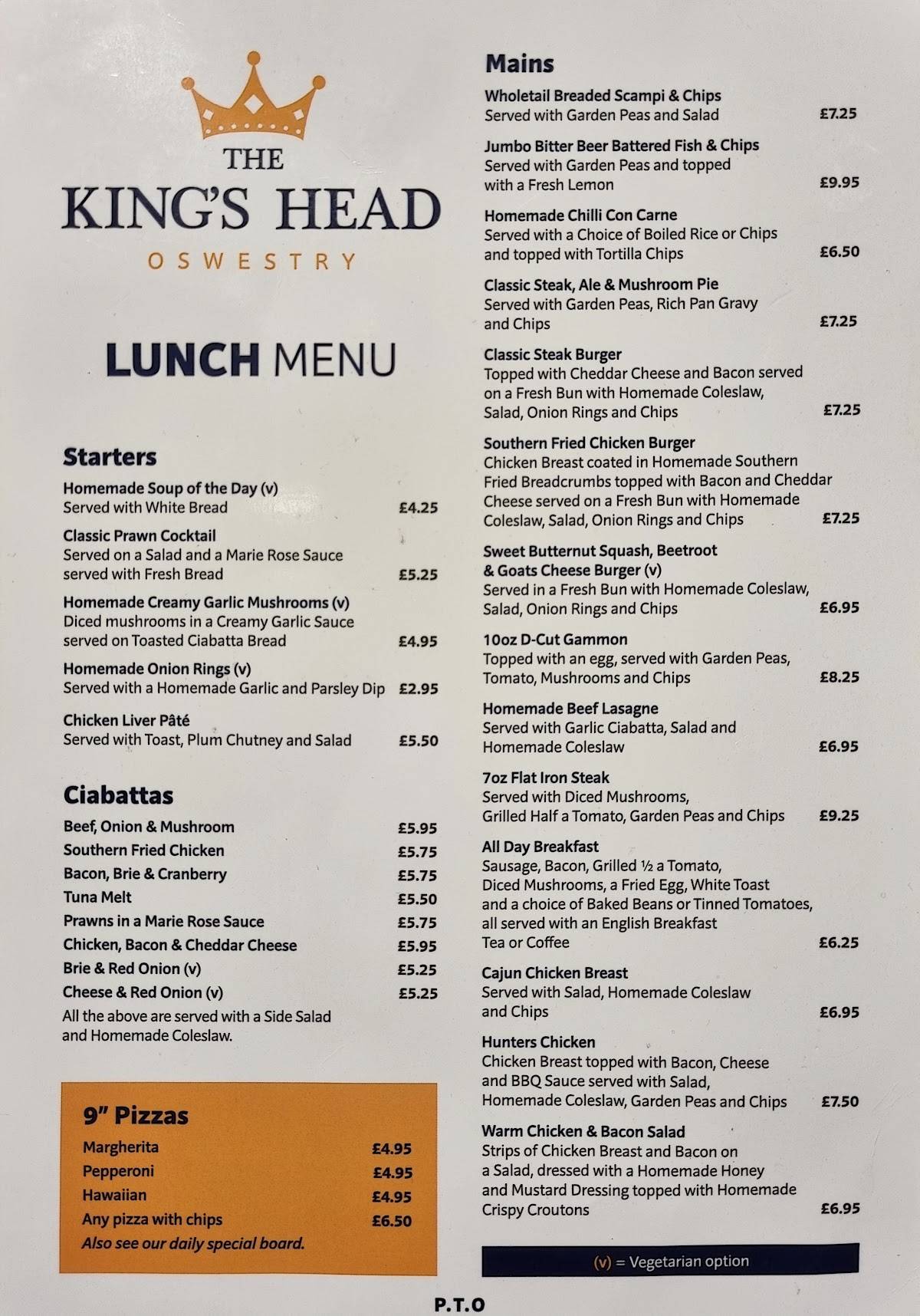 Menu at The Kings Head pub & bar, Oswestry