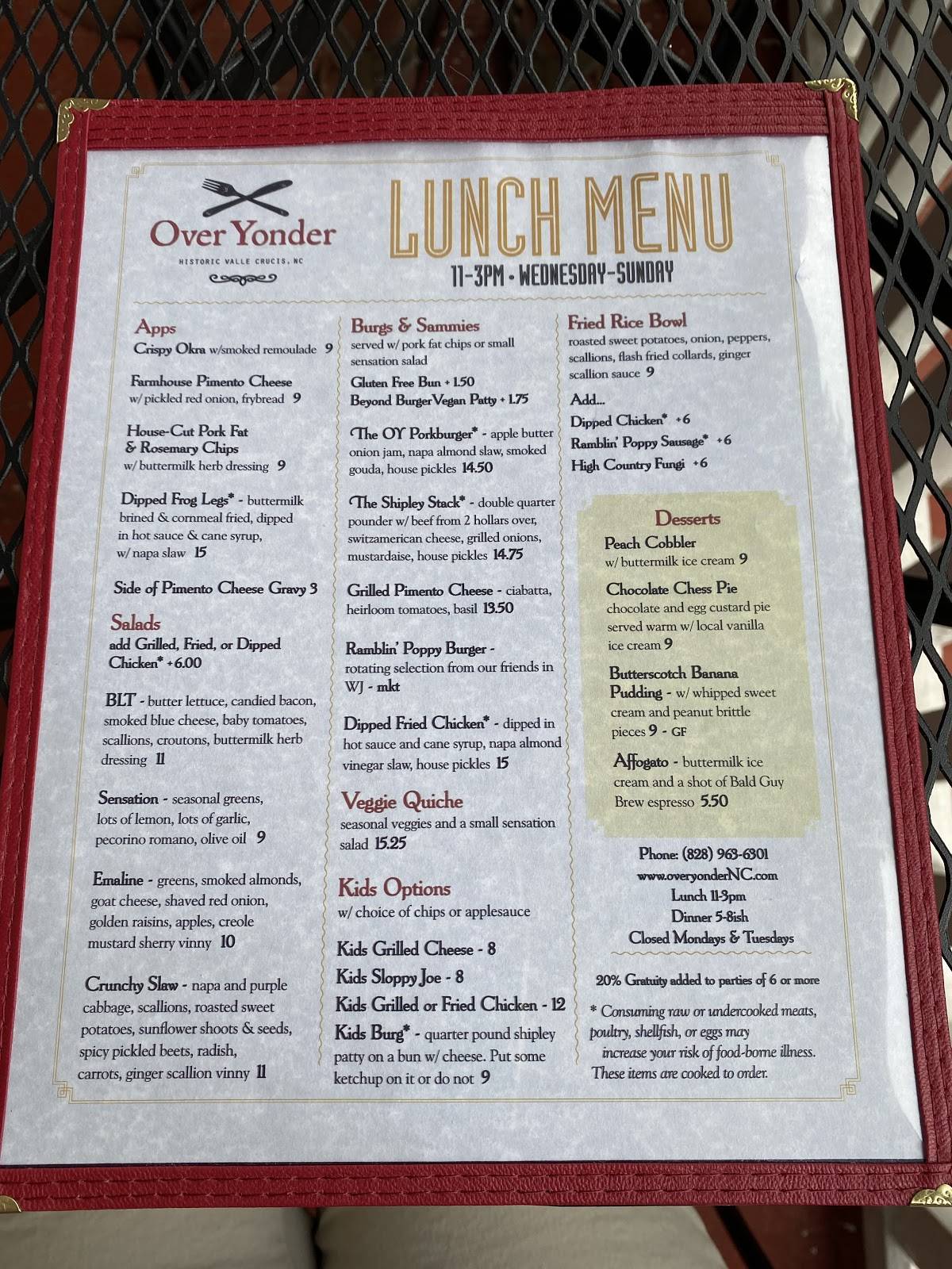 Menu at Over Yonder Restaurant, Valle Crucis, NC-194