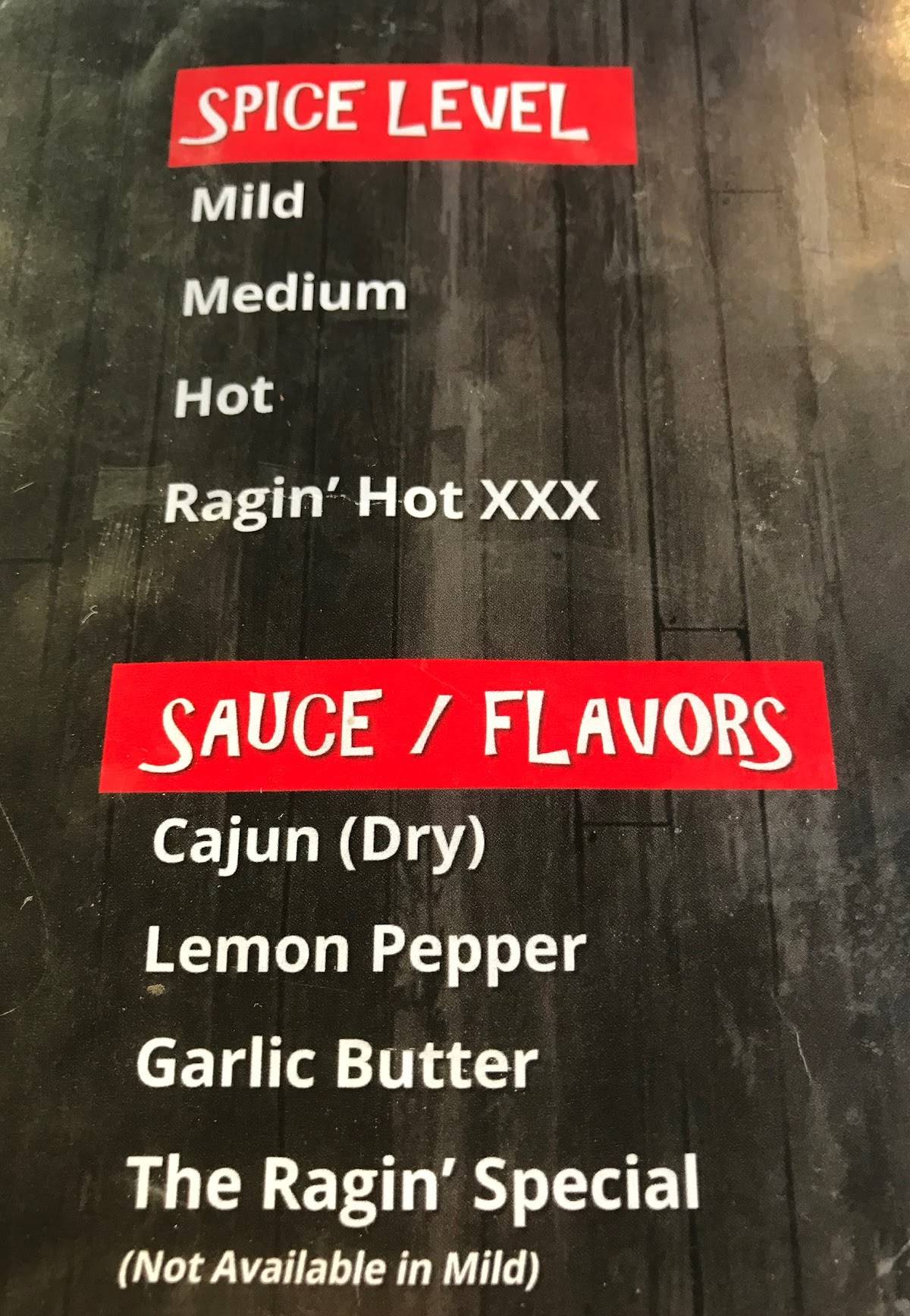 Menu at Ragin Crawfish restaurant, Oxnard