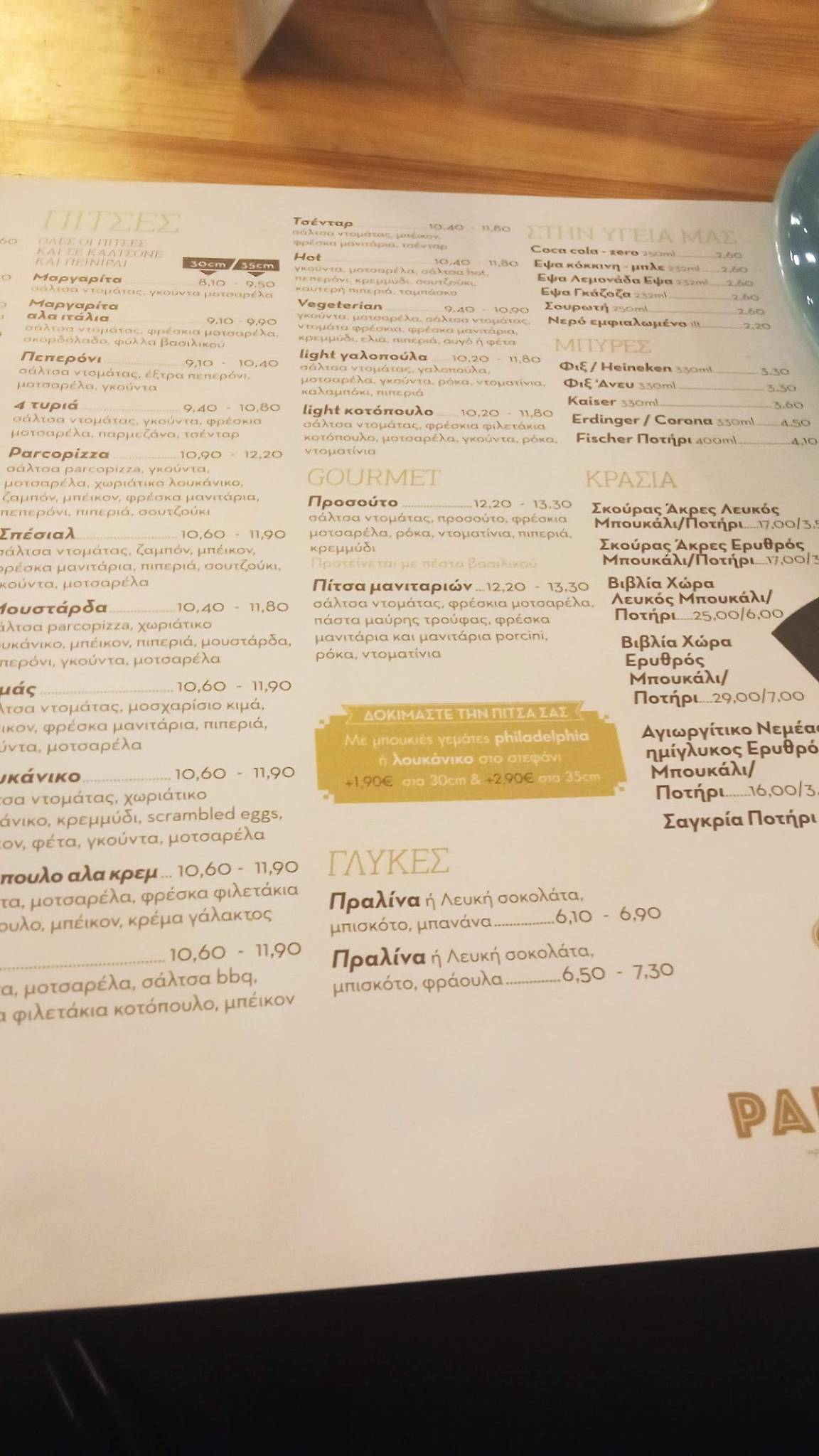 Menu at PARCO PIZZA, Kamatero