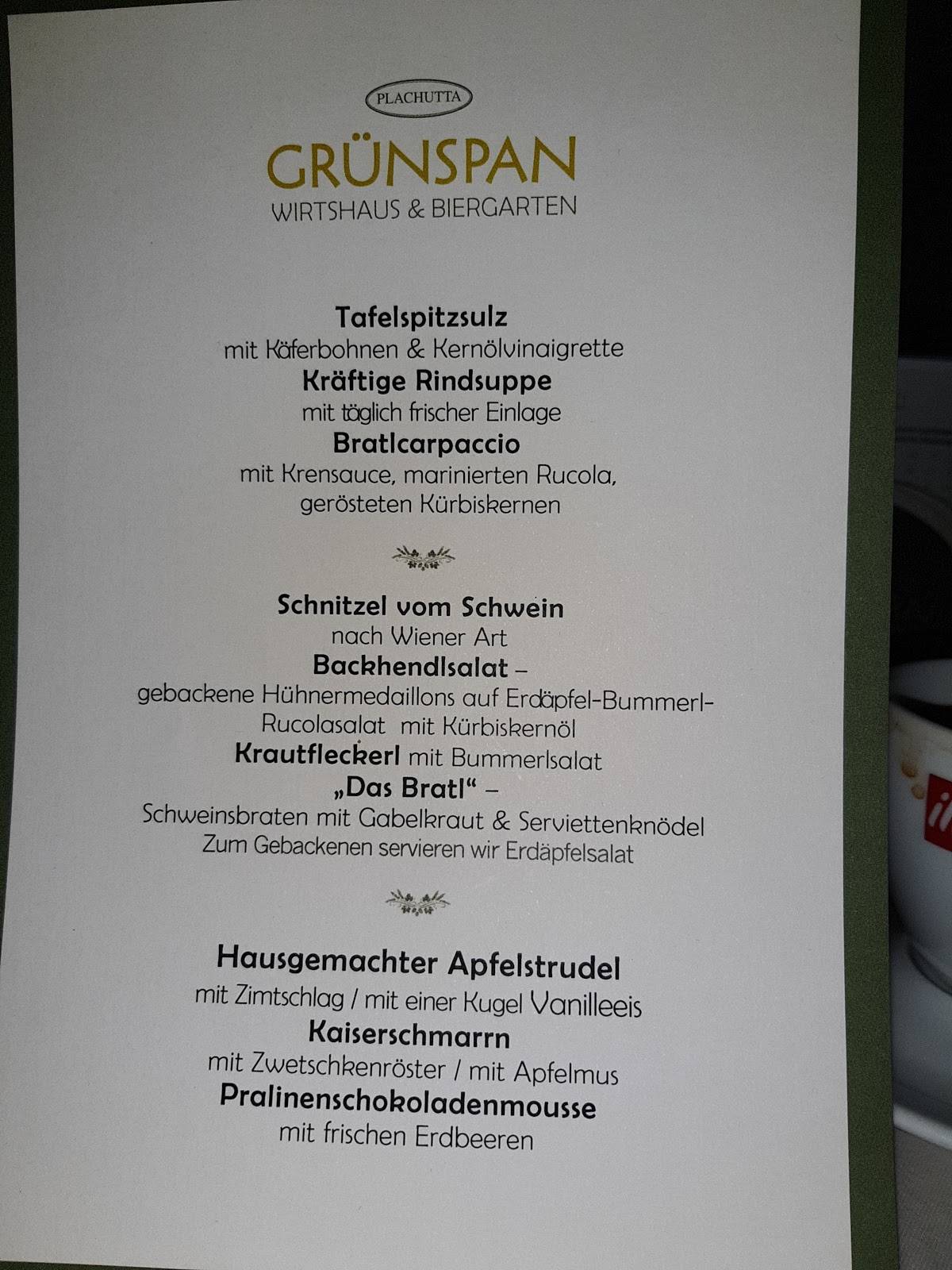 Speisekarte von Plachutta's Grünspan restaurant, Wien, Ottakringer Str. 266