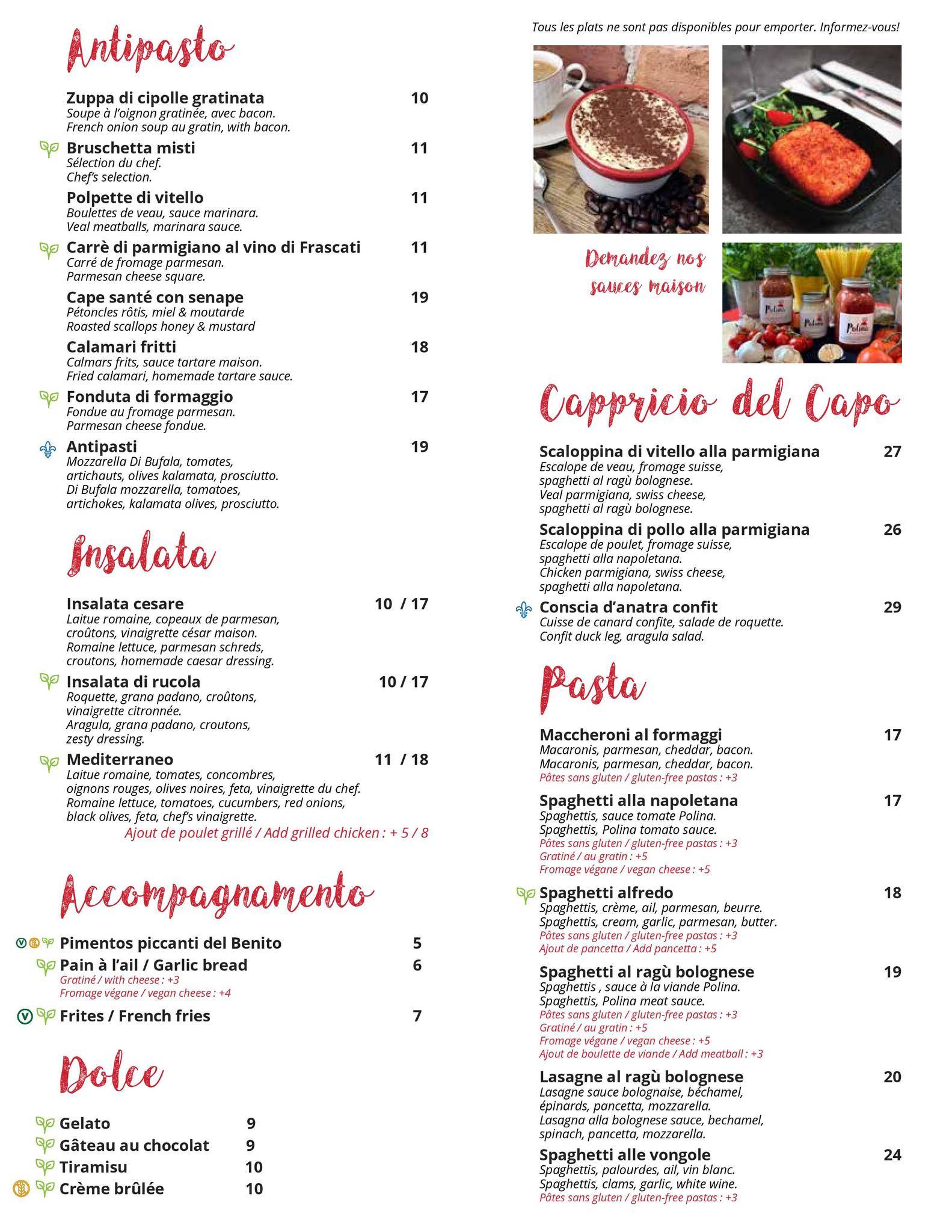 Menu at POLINA Pizzeria, Québec City