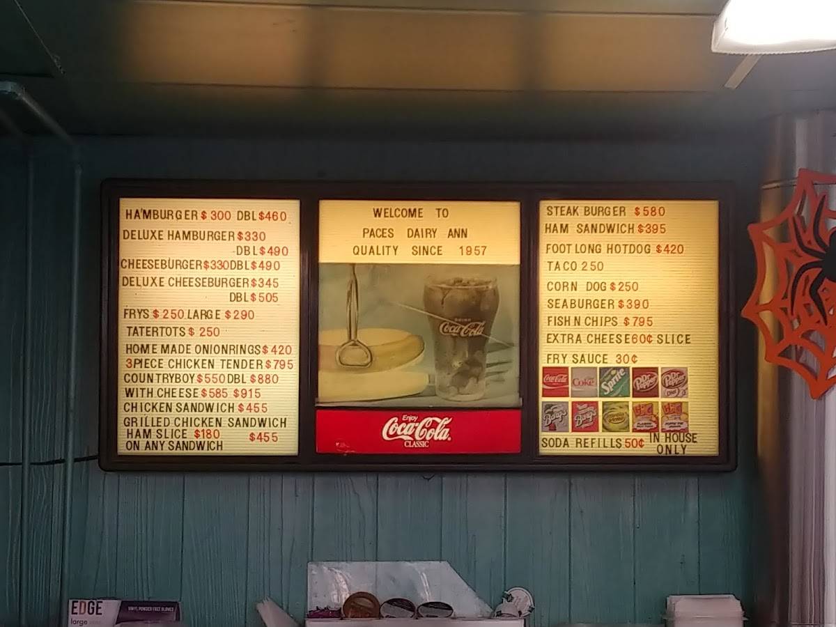 Menu at Pace's Dairy Ann restaurant, Woods Cross