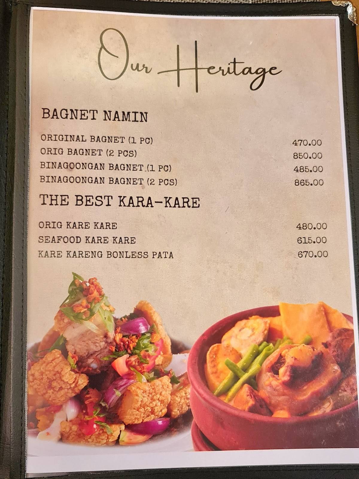 Menu at Pamana Restaurant - Tagaytay, Tagaytay