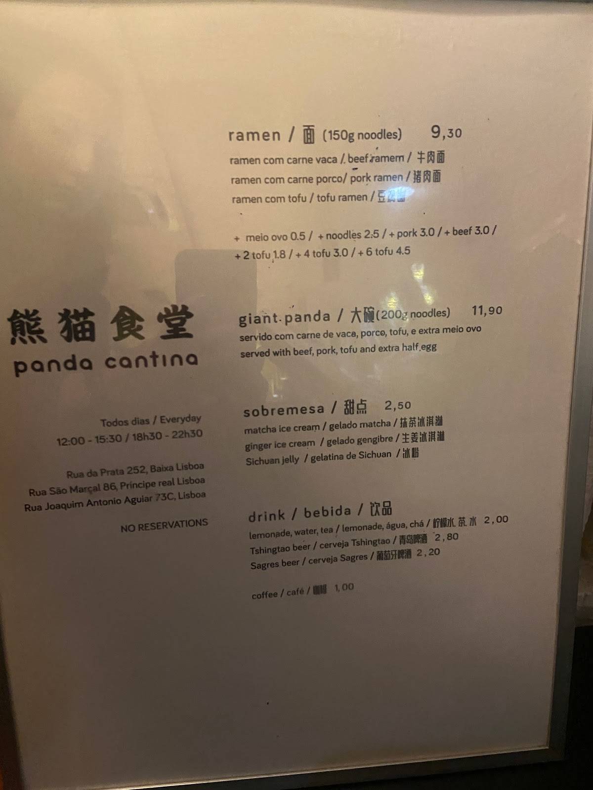 Menu em Panda Cantina restaurante, Lisboa, Rua da Prata 252