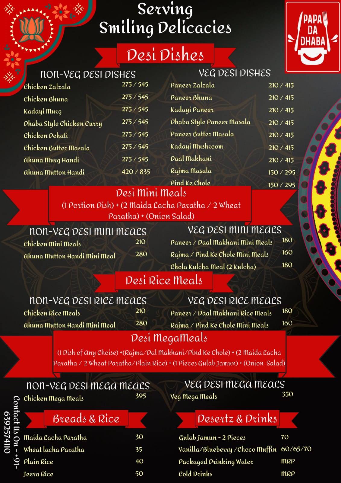 Menu at Papa Da Dhaba, Pune