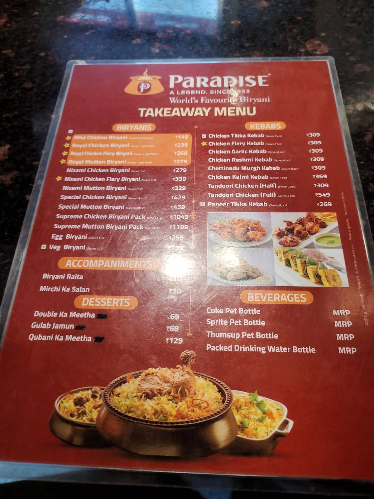 Menu at Paradise Biryani Chandrayangutta, Hyderabad