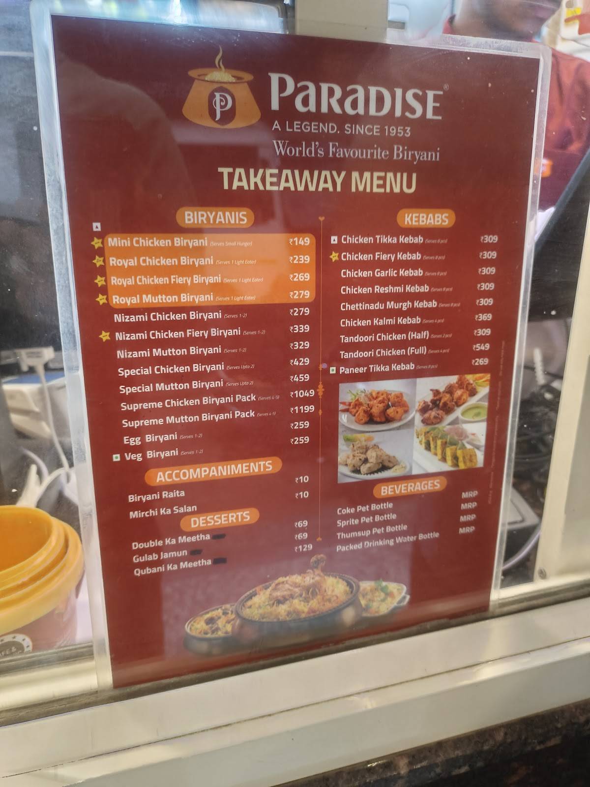 Menu at Paradise Biryani Chandrayangutta, Hyderabad
