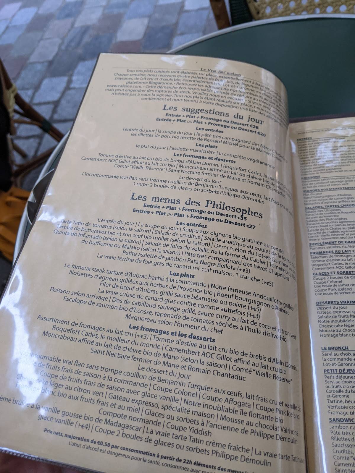 Menu at Les Philosophes restaurant, Paris, 28 Rue Vieille-du-Temple