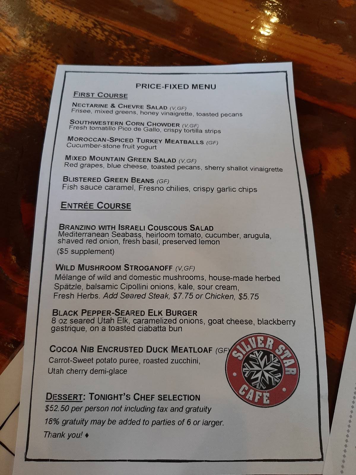 Menu at Silver Star Cafe, Park City