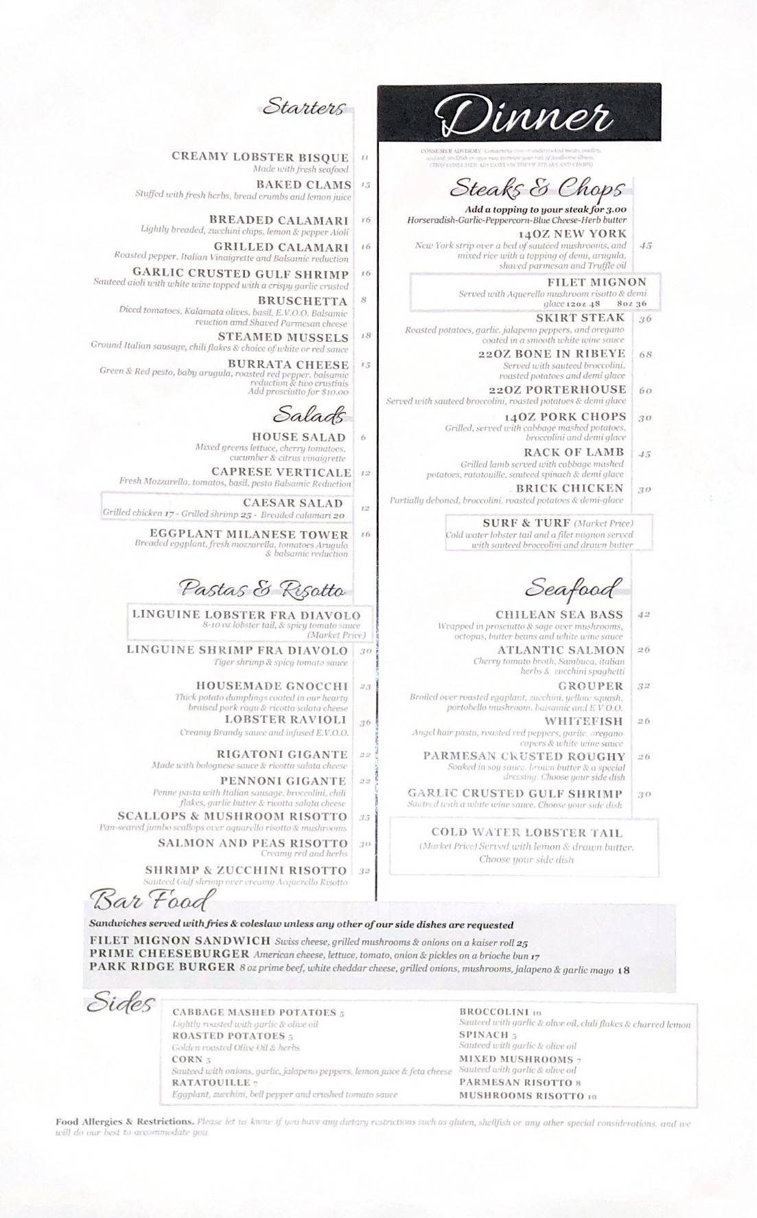 Menu at Reyes Steak House steakhouse, Park Ridge