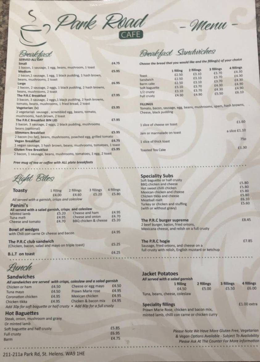 Menu at Park Road Cafe, St Helens