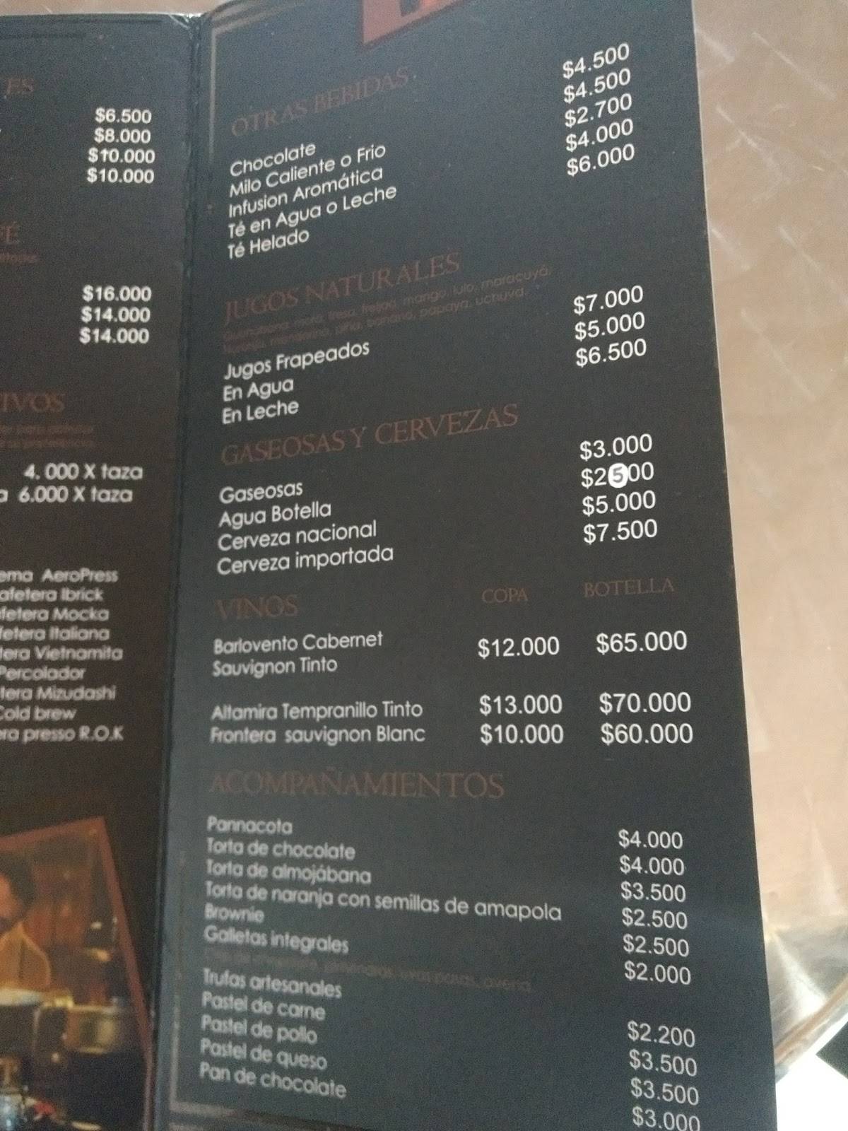 Menu at Pasión del Barista Café Academia., Bogotá