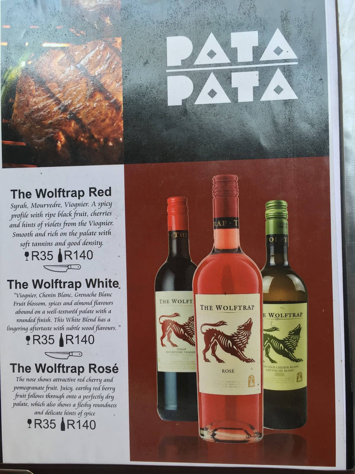 Menu at Pata Pata restaurant, Johannesburg, 286 Fox St