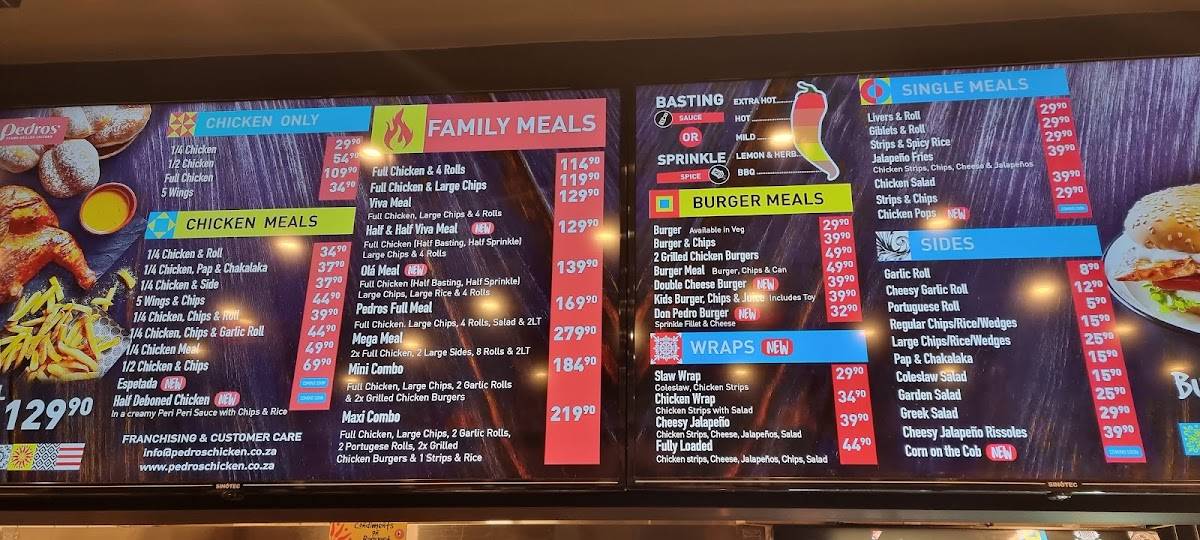 Menu at Pedros Ormonde restaurant, Johannesburg