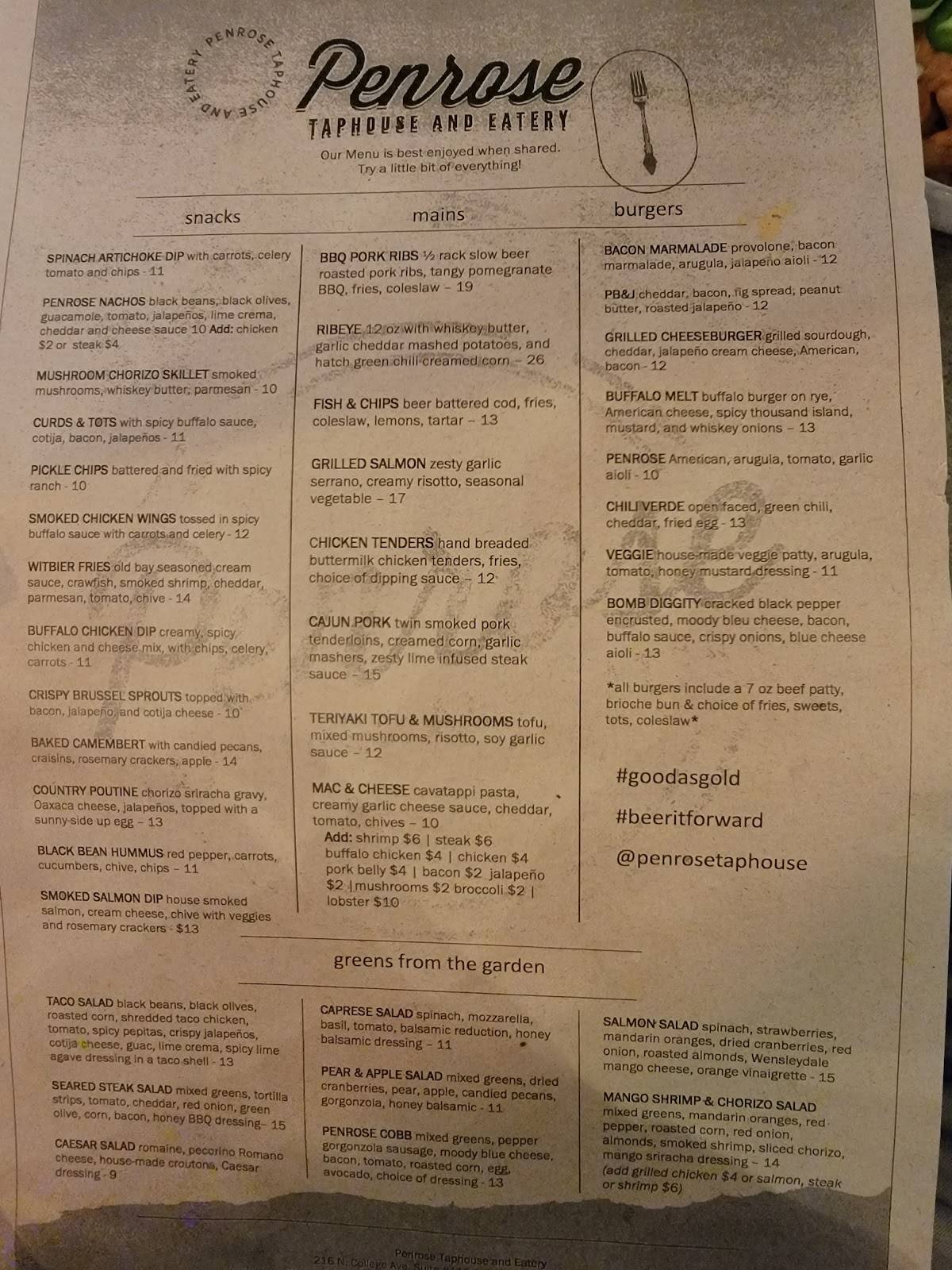 Menu at Penrose Taphouse & Eatery restaurant, Fort Collins