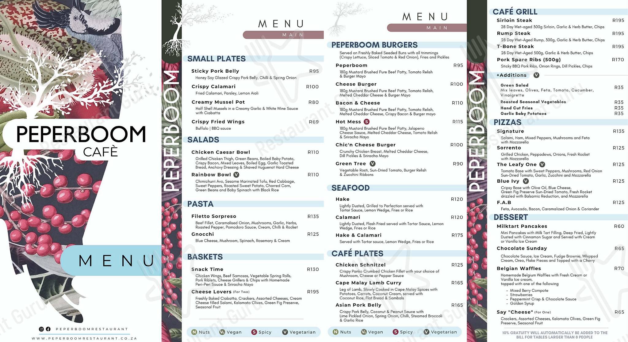 Menu at Peperboom Restaurant, Groot Brakrivier