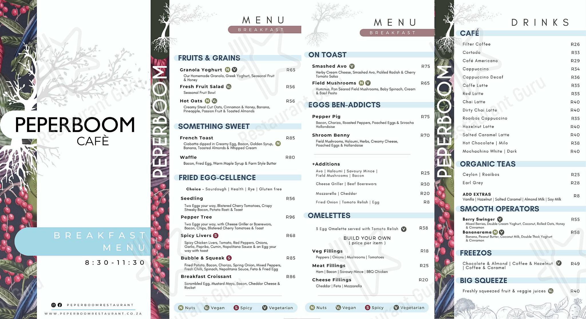 Menu at Peperboom Restaurant, Groot Brakrivier