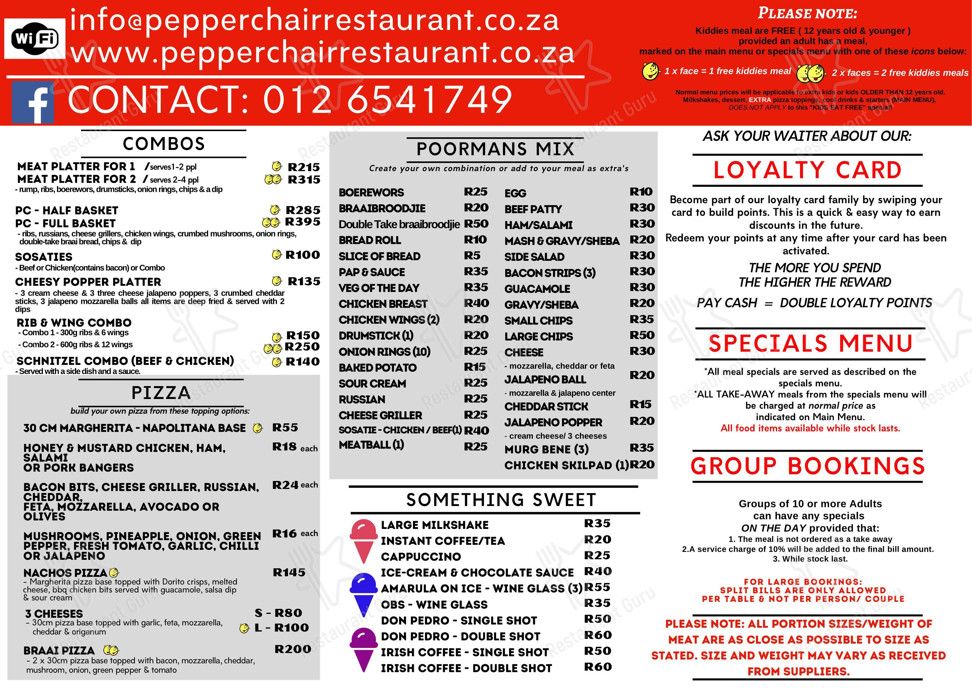Menu at Pepper Chair Restaurant, Centurion