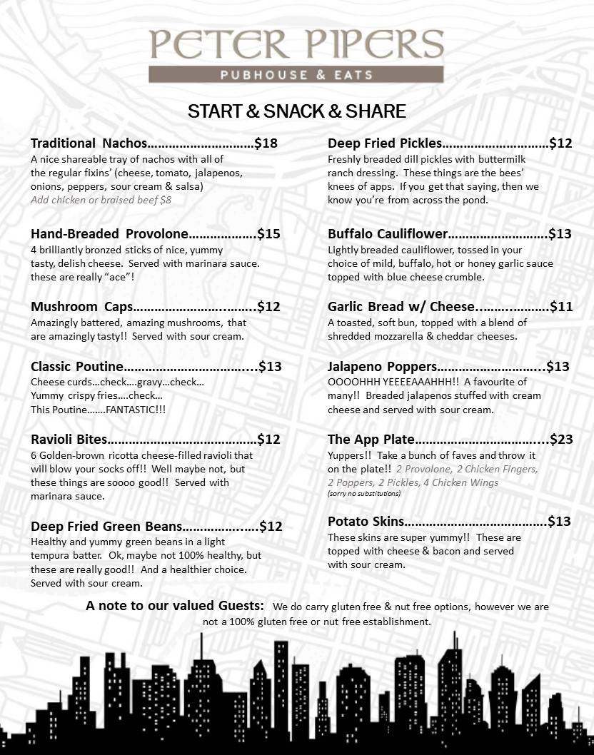 Menu at Peter Piper's Pubhouse, Pelham