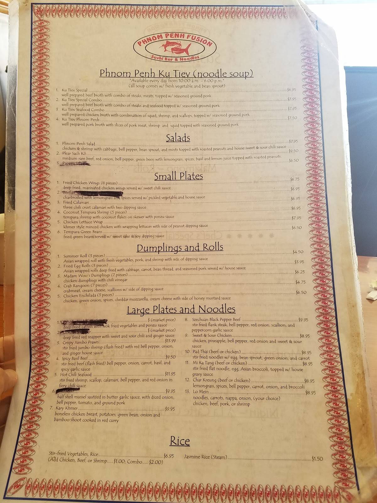 Menu at Phnom Penh Fusion restaurant, Bayou La Batre, Wintzell Ave