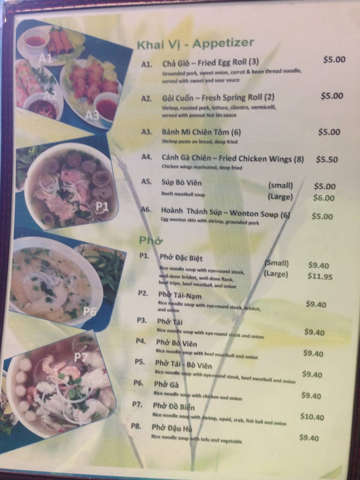 Menu at Pho Nguyen Vietnamese Noodle restaurant, Valparaiso