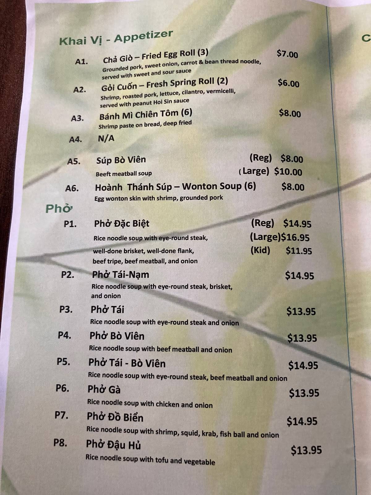 Menu at Pho Nguyen Vietnamese Noodle restaurant, Valparaiso