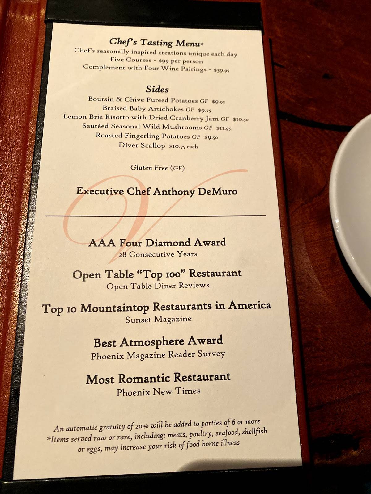 Menu at Different Pointe of View restaurant, Phoenix, N 7th St