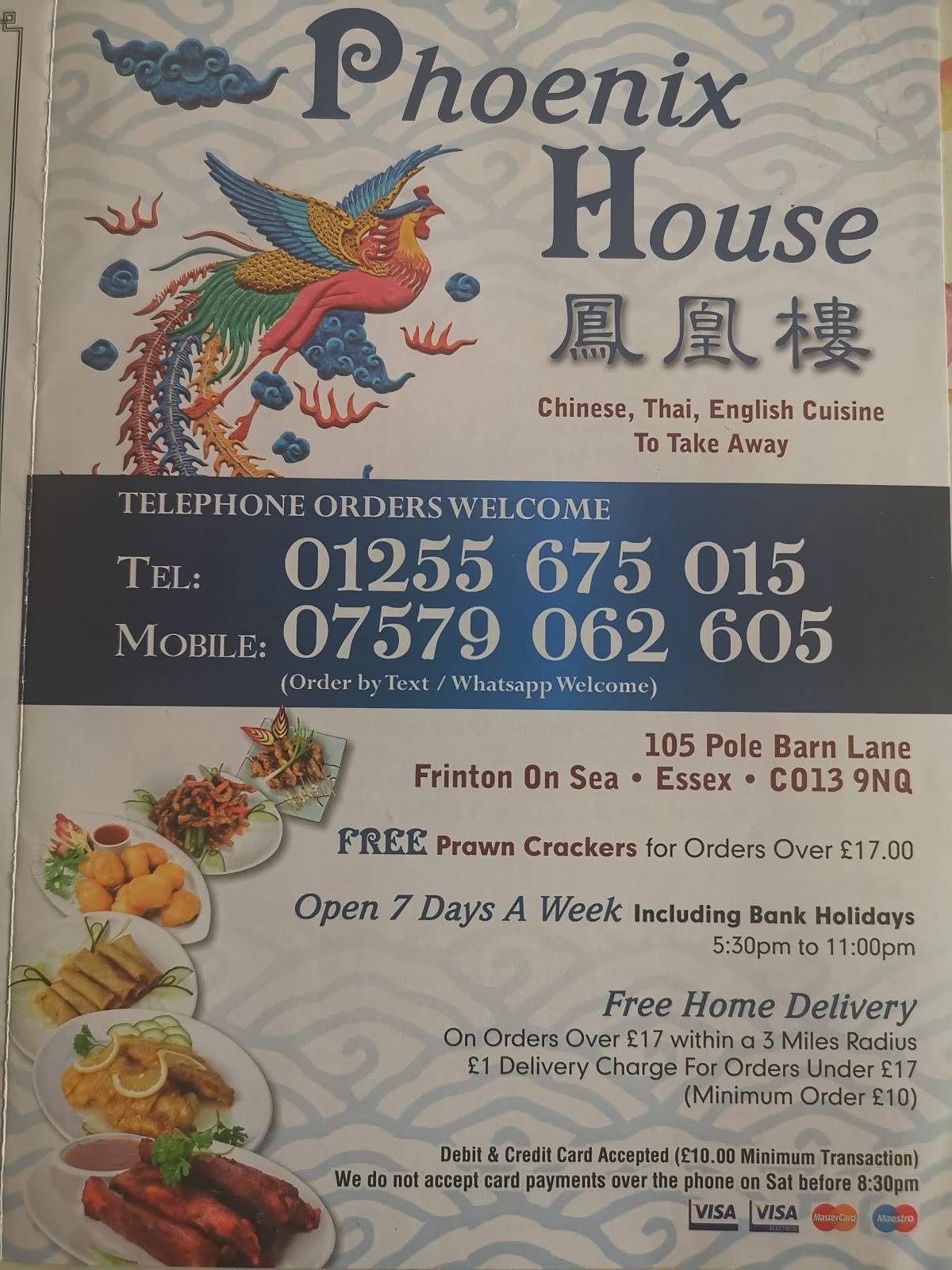 Menu at Phoenix House Chinese Takeaway restaurant, Frinton-on-Sea